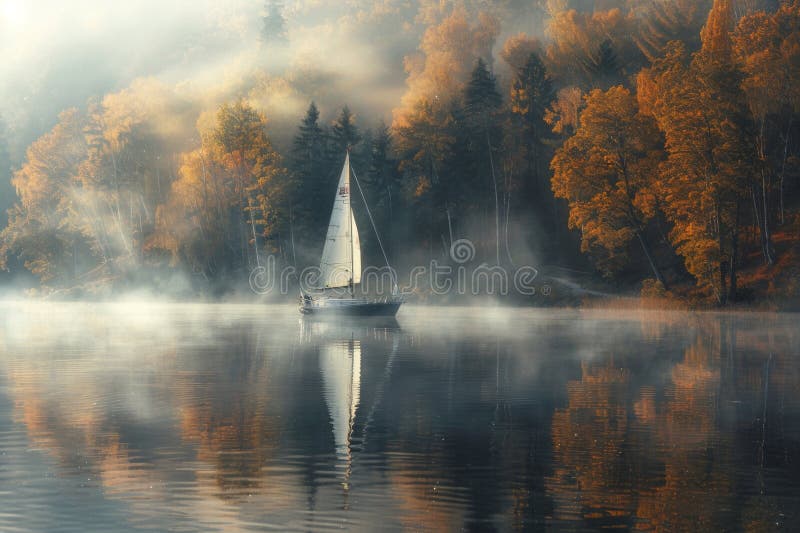 Sailboat on a Misty Lake with Autumn Forest in the Haze. Stock Photo ...