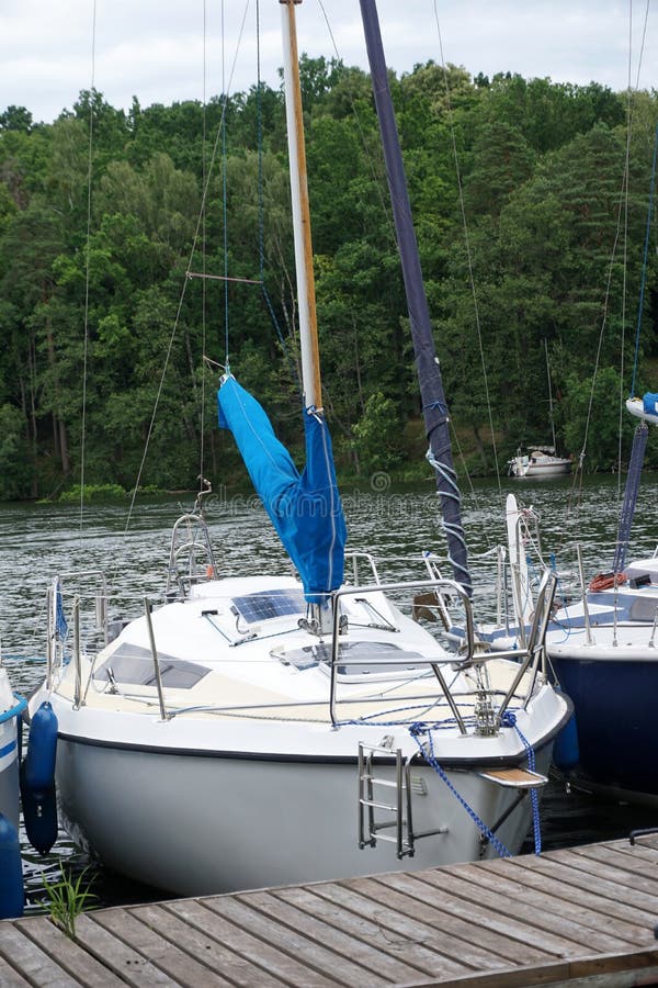 Sailboat Moored in Port - Front View Editorial Stock Photo - Image of ...