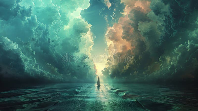 A Sailboat Moves Towards a Bright Light Piercing through the Tumultuous ...