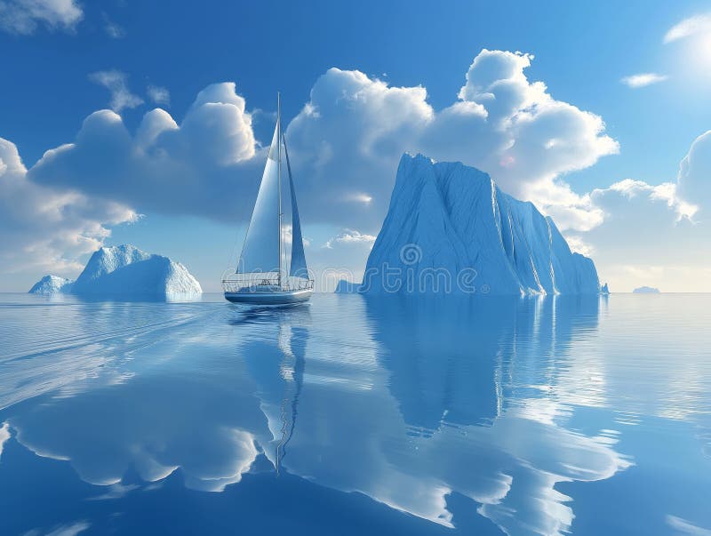Sailboat Navigating among Icebergs Stock Image - Image of sunlight ...