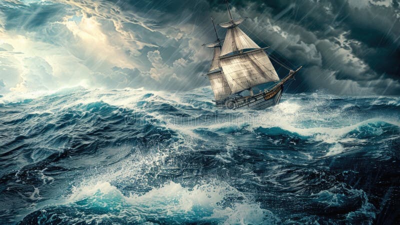 A Sailboat Navigating through Rough Seas, with Waves and Wind Stock ...
