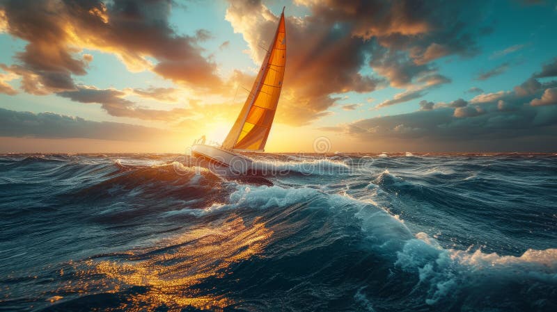 A Sailboat Navigating in the Stormy Sea. White Triangular Sail Rises ...