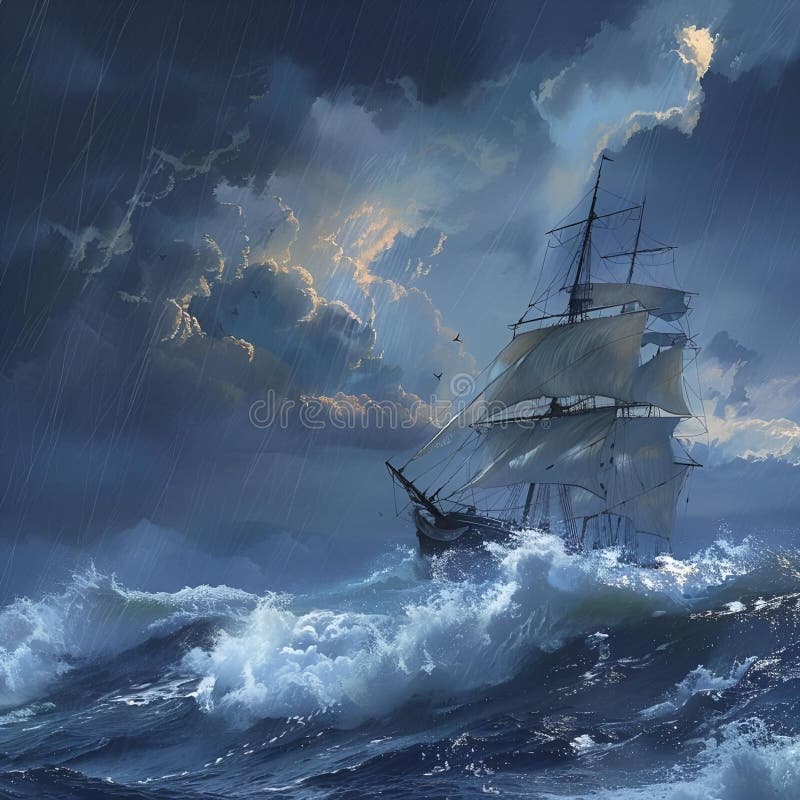 Sailboat Navigating Stormy Waves on the Open Sea, AI-generated. Stock ...