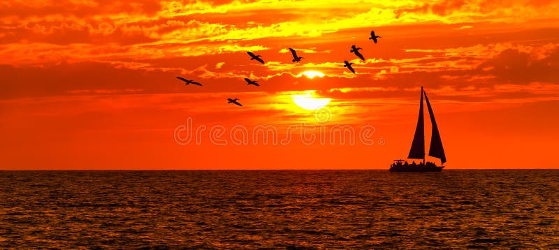 Sailboat Ocean Sailing Sunset Banner Stock Image - Image of color ...