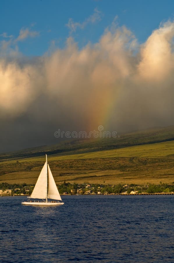 Sailboat Rainbow.Sailboat Sail Off into the Sunset on Lake. Stock Image ...