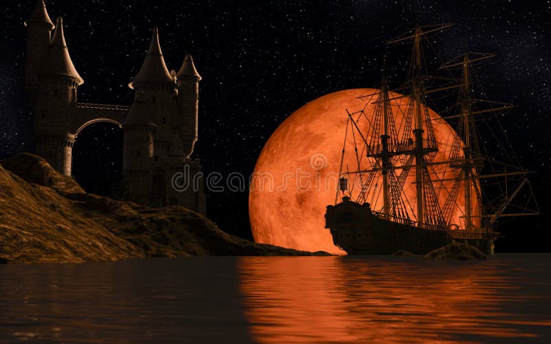 Sailboat at the Red Full Moon Near a Castle Stock Illustration ...