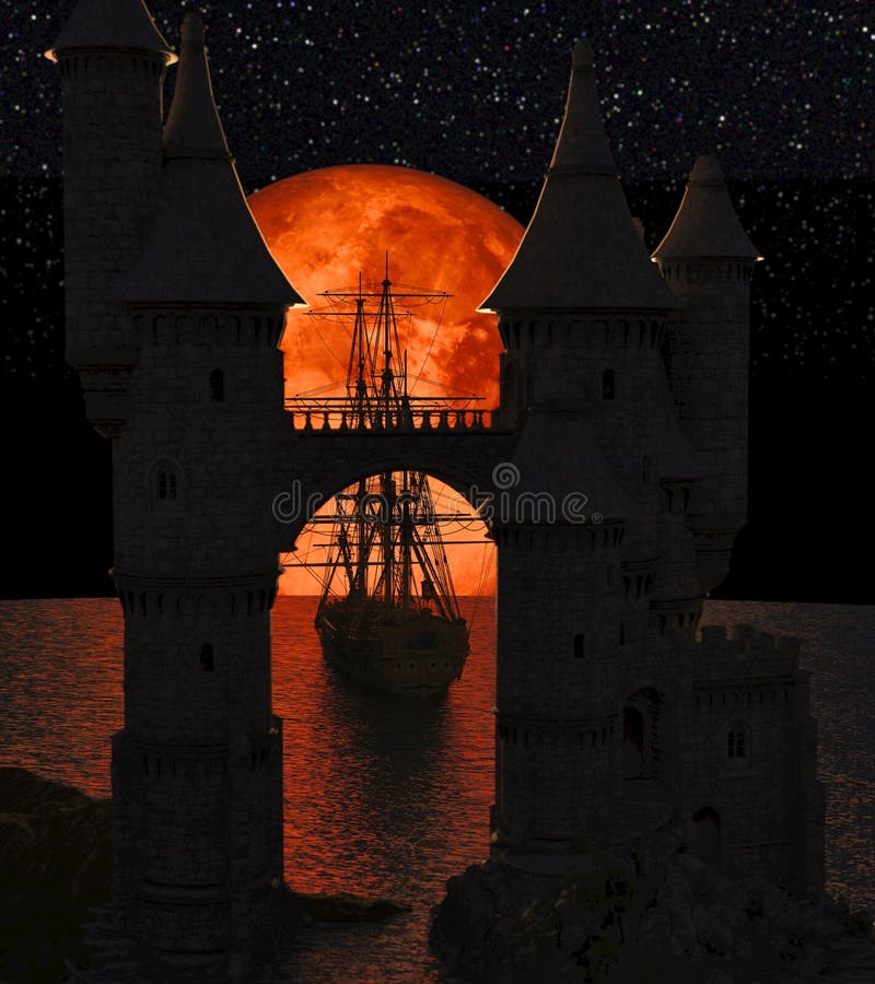 Sailboat at the Red Full Moon Near a Castle Stock Illustration ...
