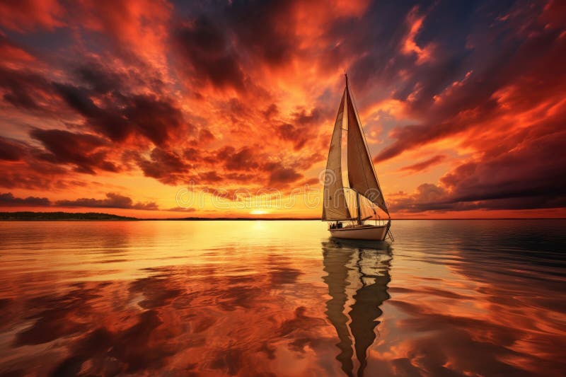 A Sailboat Sailing Under a Dramatic, Cloud-filled Sunset, Creating a ...