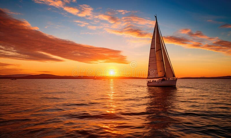 Sailboat Sailing in Water at Sunset Stock Illustration - Illustration ...