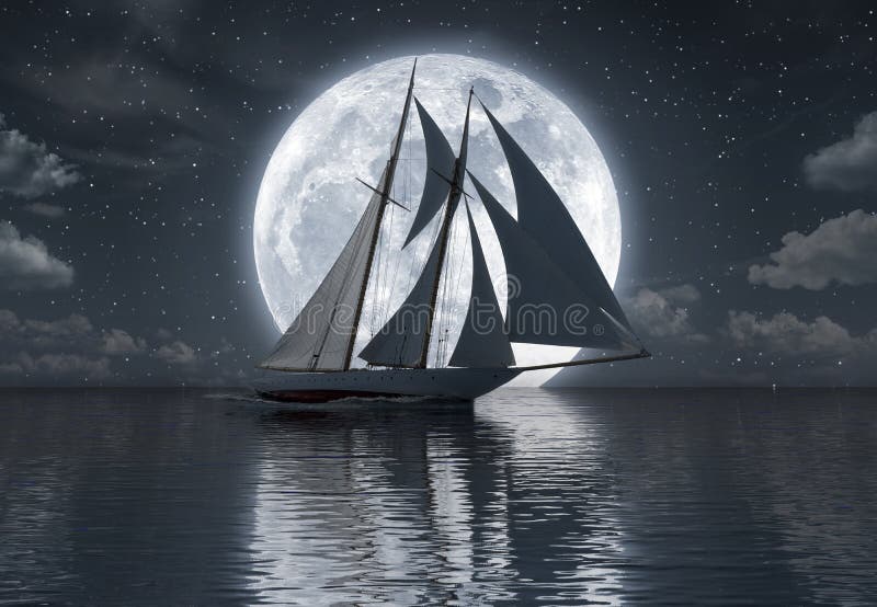 Sailboat on the Sea in Front of Full Moon Stock Illustration ...