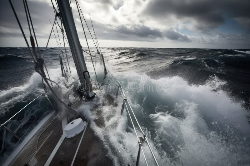 Sailboat Slicing through Waves on Stormy Ocean Stock Illustration ...