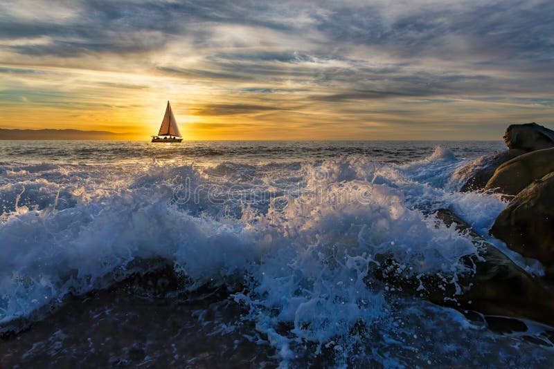 Sailboat Breaking through the Splashing Wave Stock Photo - Image of ...