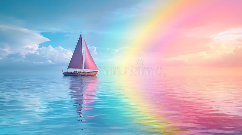 Sailboat at Sunset with Rainbow Reflection Stock Illustration ...