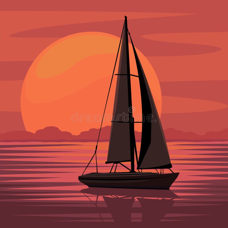Sailboat at Sunset Vector Illustration, Scenic Nature Landscape Poster, Banner. Stock Vector ...