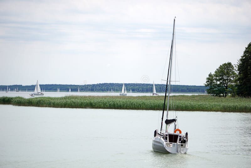 Sailboat Swimming with an Engine - Back View Stock Image - Image of ...