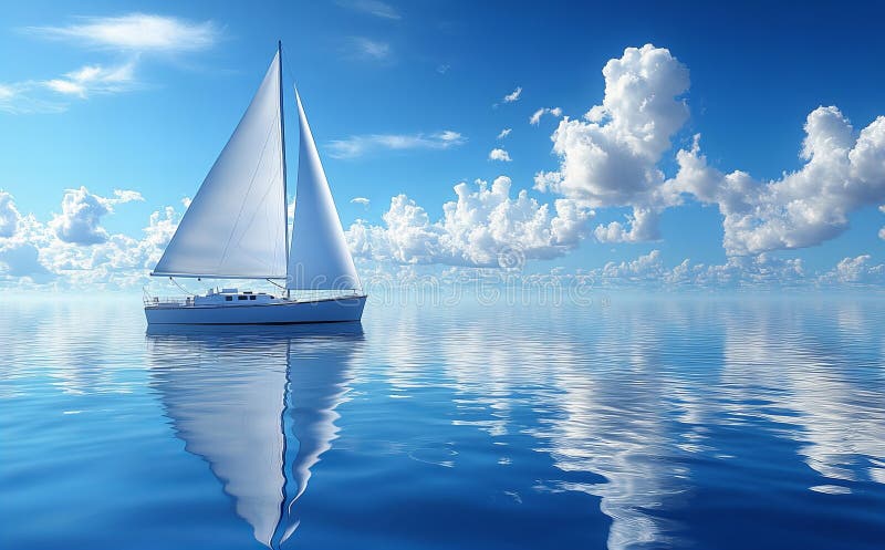 Sailboat on Tranquil Ocean with Blue Sky and White Clouds Reflection ...