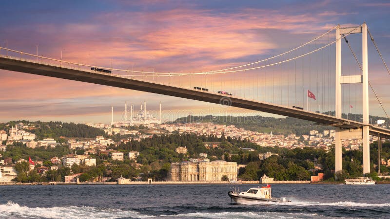 Sailboat Traverses the Bosphorus Strait Beneath the Iconic Bosphorus ...