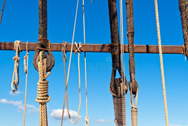 Masting of Big Wooden Sailing Ship, Detailed Rigging Stock Photo ...
