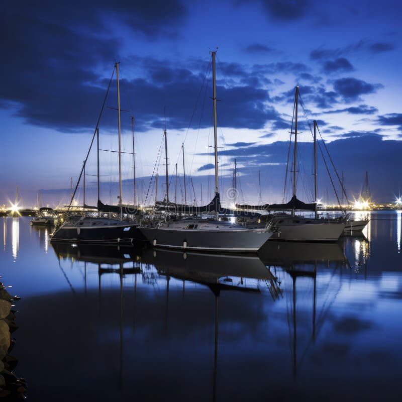 Sailboats Anchored in a Harbor at Night Stock Photo - Image of ...