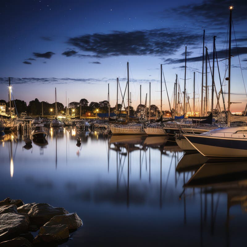 Sailboats Anchored in a Harbor at Night Stock Image - Image of port ...