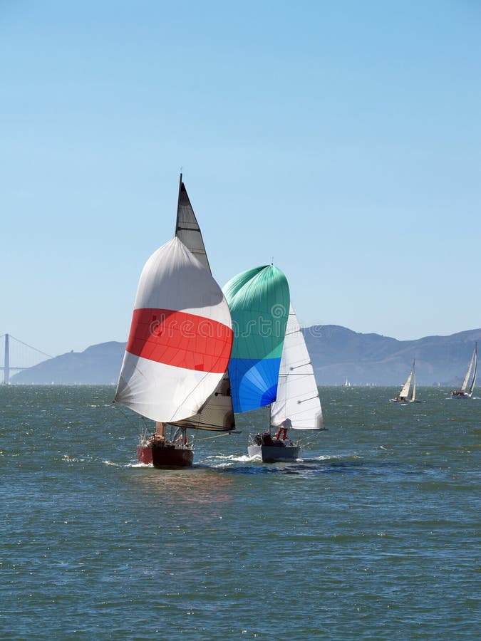 Sailboats Running Under Spinnaker Sails on Bay Stock Photo - Image of ...