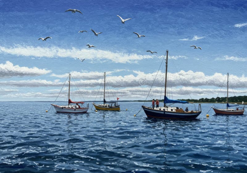 Sailboats at Sea Under a Sunny Sky Stock Illustration - Illustration of ...