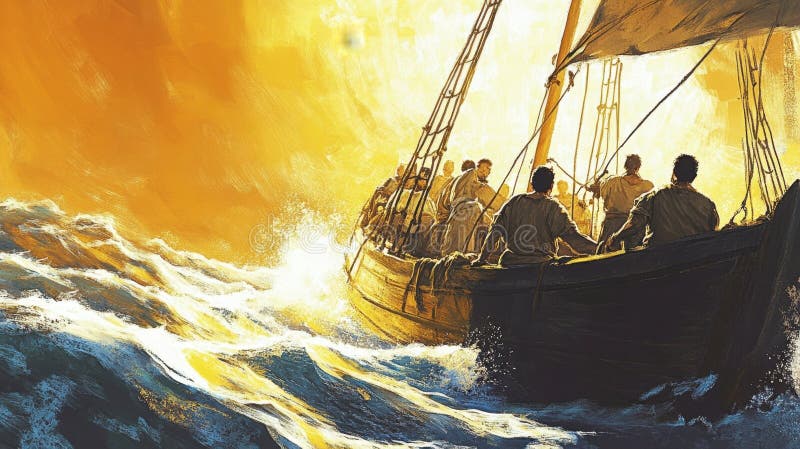 Sailing Adventure at Sunrise with Crew Navigating Rough Seas Stock ...