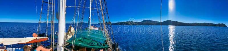 Sailing Along Beautiful Islands Scenario. Panoramic Seascape Sunset ...