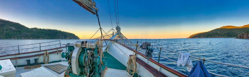 Sailing Along Beautiful Islands Scenario. Panoramic Seascape Sunset ...