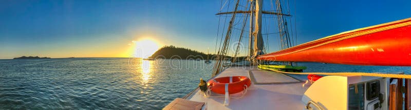 Sailing Along Beautiful Islands Scenario. Panoramic Seascape Sunset ...