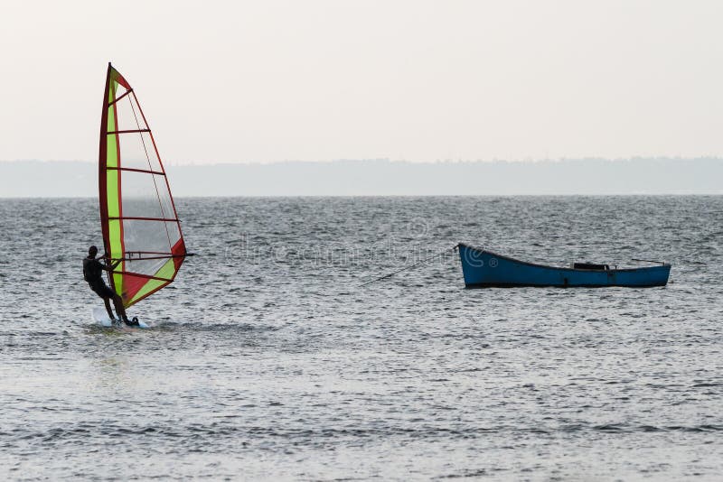 Sailing Board in the Sea, Windsurfing. Stock Image - Image of active ...