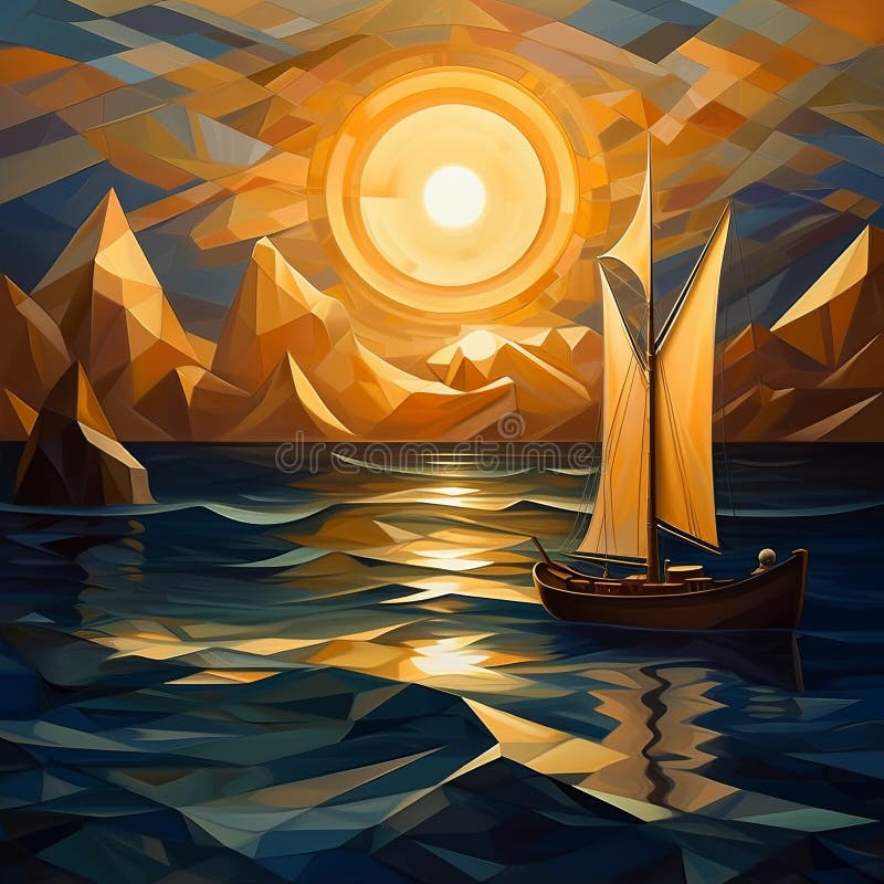 Gold Cubism Seascape Abstract Polygonal Design with Sun and Boat Stock ...