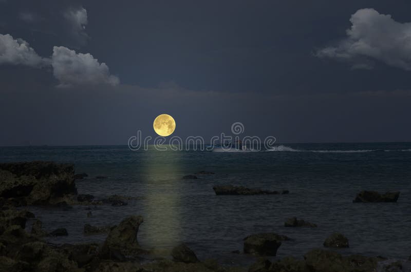 Sailing Boat in Evening Moonlight Stock Image - Image of dark, seascape ...