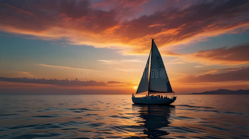 A Sailing Boat Floating on a Calm Sea with a Colorful Sunset Sky Stock ...