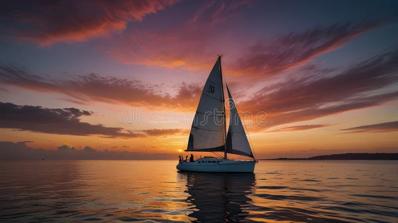 A Sailing Boat Floating on a Calm Sea with a Colorful Sunset Sky Stock ...