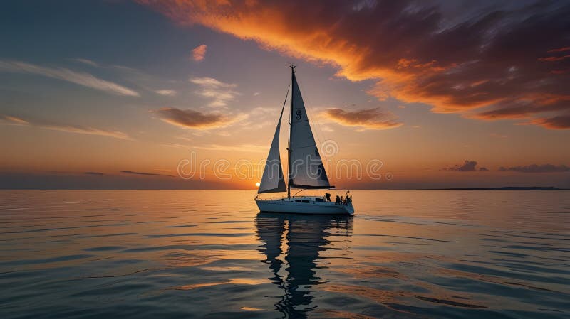 A Sailing Boat Floating on a Calm Sea with a Colorful Sunset Sky Stock ...