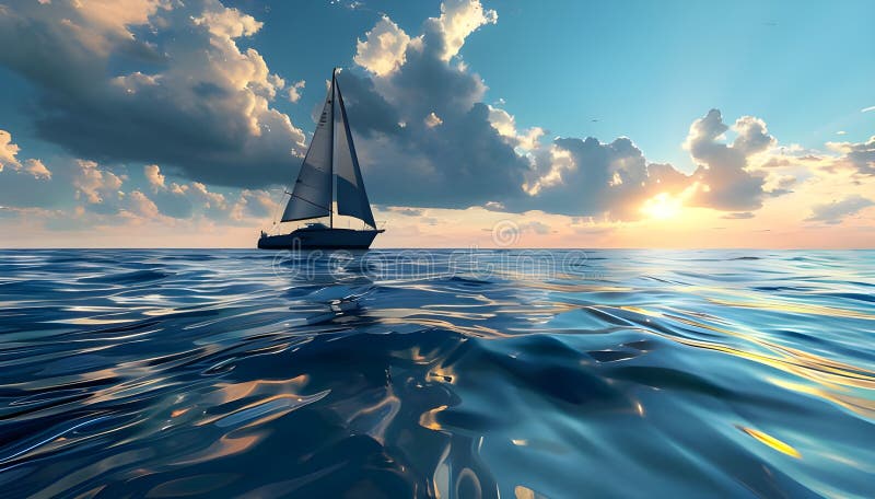 Sailing Boat Floating on Water Surface Stock Illustration ...