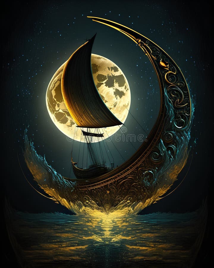 Sailing Boat with Moon and Stars in the Night Sky, Illustration Stock ...