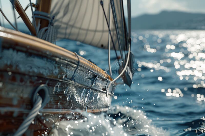 Sailing Boat Sailing in the Ocean. Closeup and Details. Macro ...