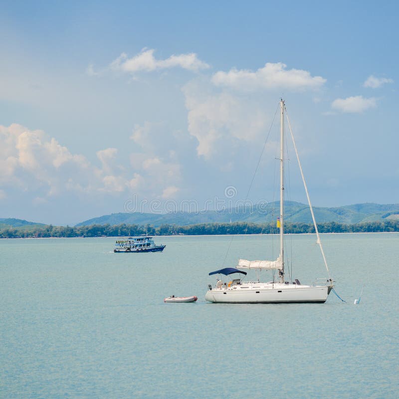 Sailing Boat in Open Blue Sea Stock Image - Image of shore, recreation ...