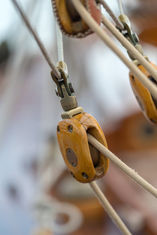 Pulley and Rope on Old Sailing Ship Stock Image - Image of nautical ...