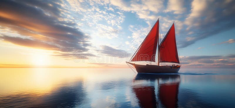 Sailing Boat with Red Sails Gliding Across Calm Waters at Sunset Stock ...