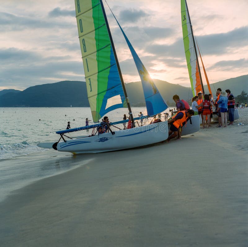 Sailing Boat at Sanya Beach and Sunset Editorial Stock Image - Image of ...
