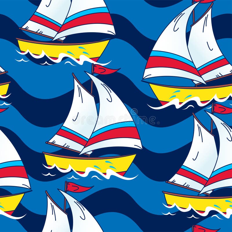 Sailing Boat on the Sea Seamless Pattern Stock Vector - Illustration of ...