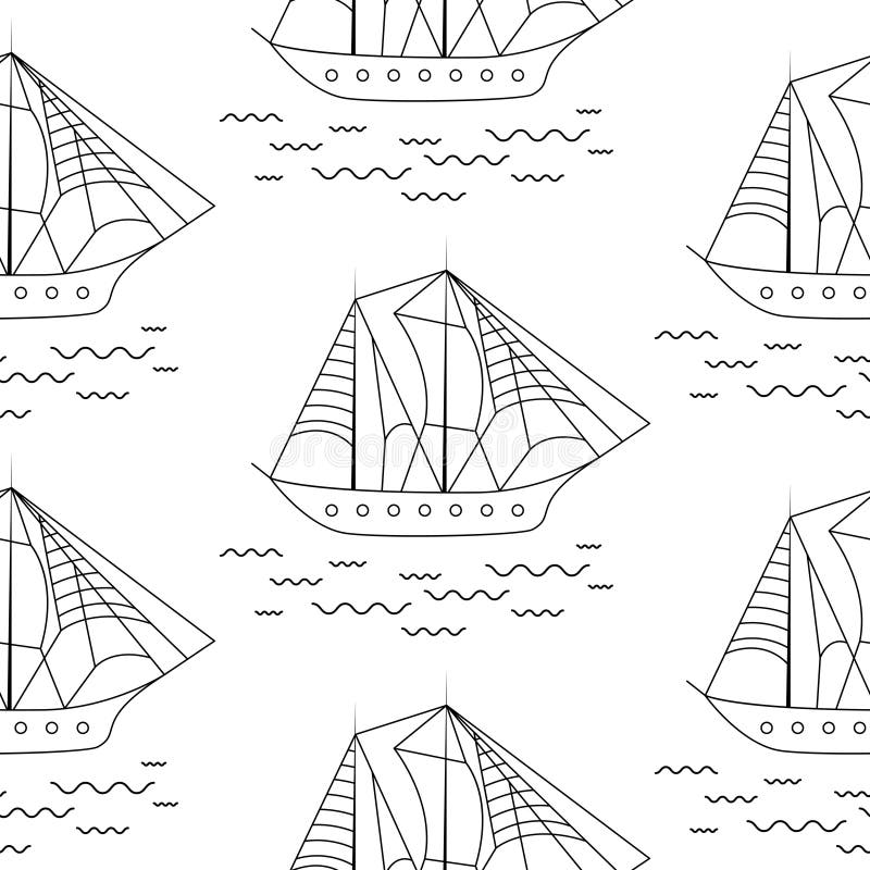 Sailing Boat Seamless Outline Vector Pattern in Doodle Style. Stock ...