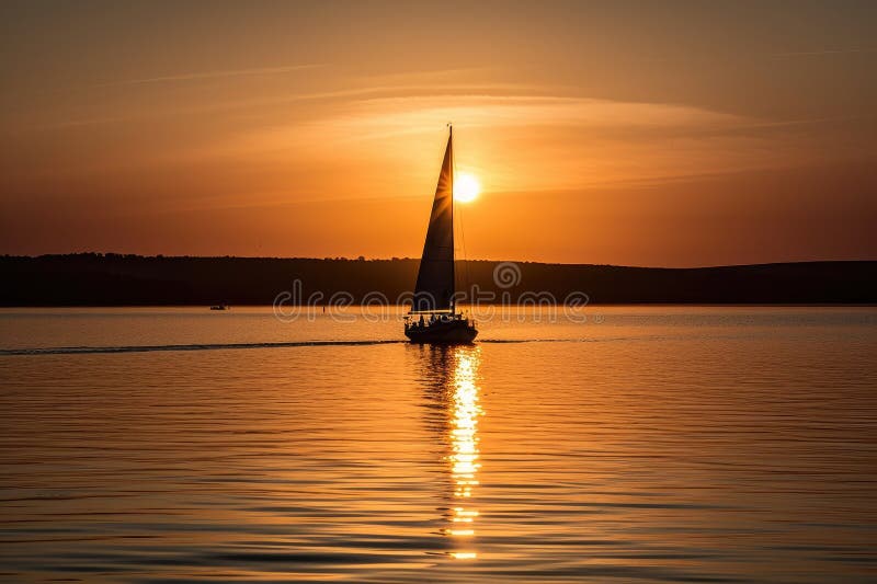 Sailing Boat, with the Sun Setting Behind it, Sailing Across Calm ...