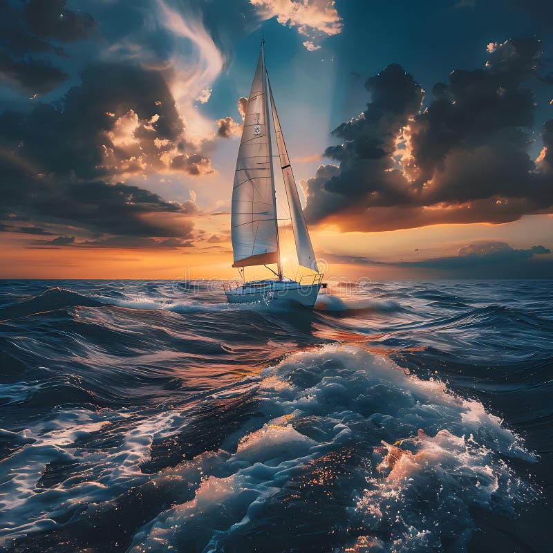 A Sailing Boat in the Sunset Generated by Artificial Intelligence Stock ...