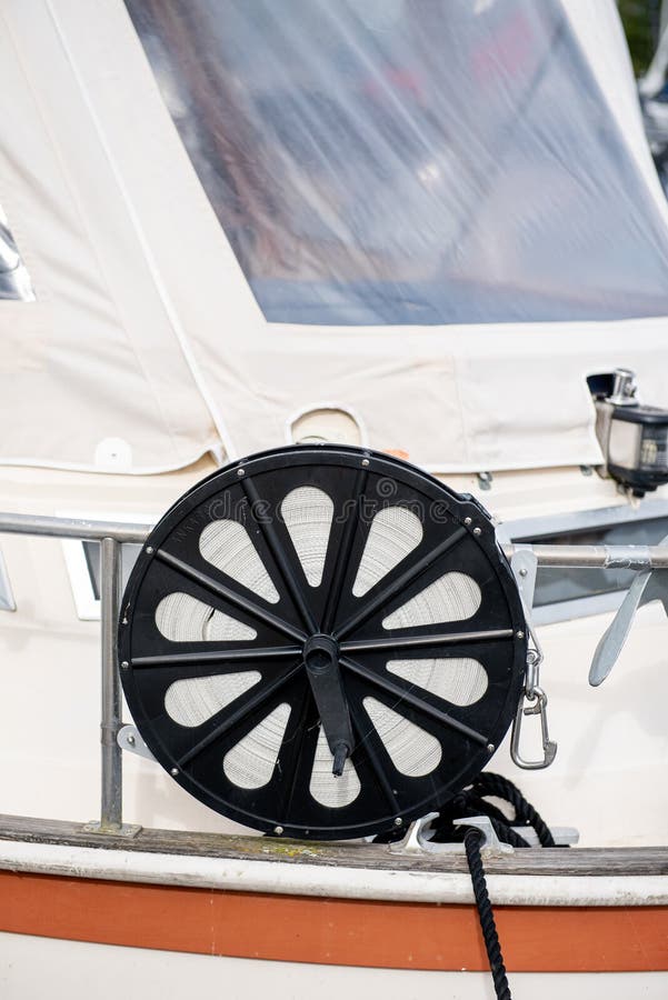 Sailing Boats in the Port, Winch, Nautical Ropes and Bow Light Stock ...