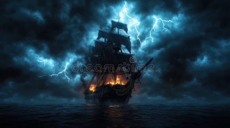 Sailing through a Fierce Storm, a Dramatic Pirate Ship is Illuminated ...