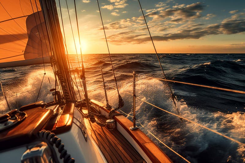 Sailing on the Ocean, Sunset. Waves Bouncing Off the Boat Stock ...